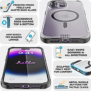 REBEL Phone Clear Case for iPhone 14 Pro Max [Frosted Series Gen-4] Strong MagSafe Compatible, Translucent, Matte Texture, Protective Shockproof Bumpers, Metal Buttons, 6.7 Inch 2023 (Frosted Black)