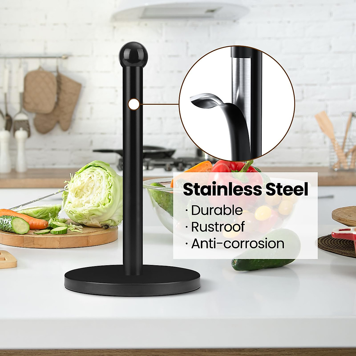 Paper Towel Holder, Black Kitchen Paper Towels Holder Stand, Stainless Steel Paper Towel Holder -Weighted Base, Non-Slip Protect The countertop