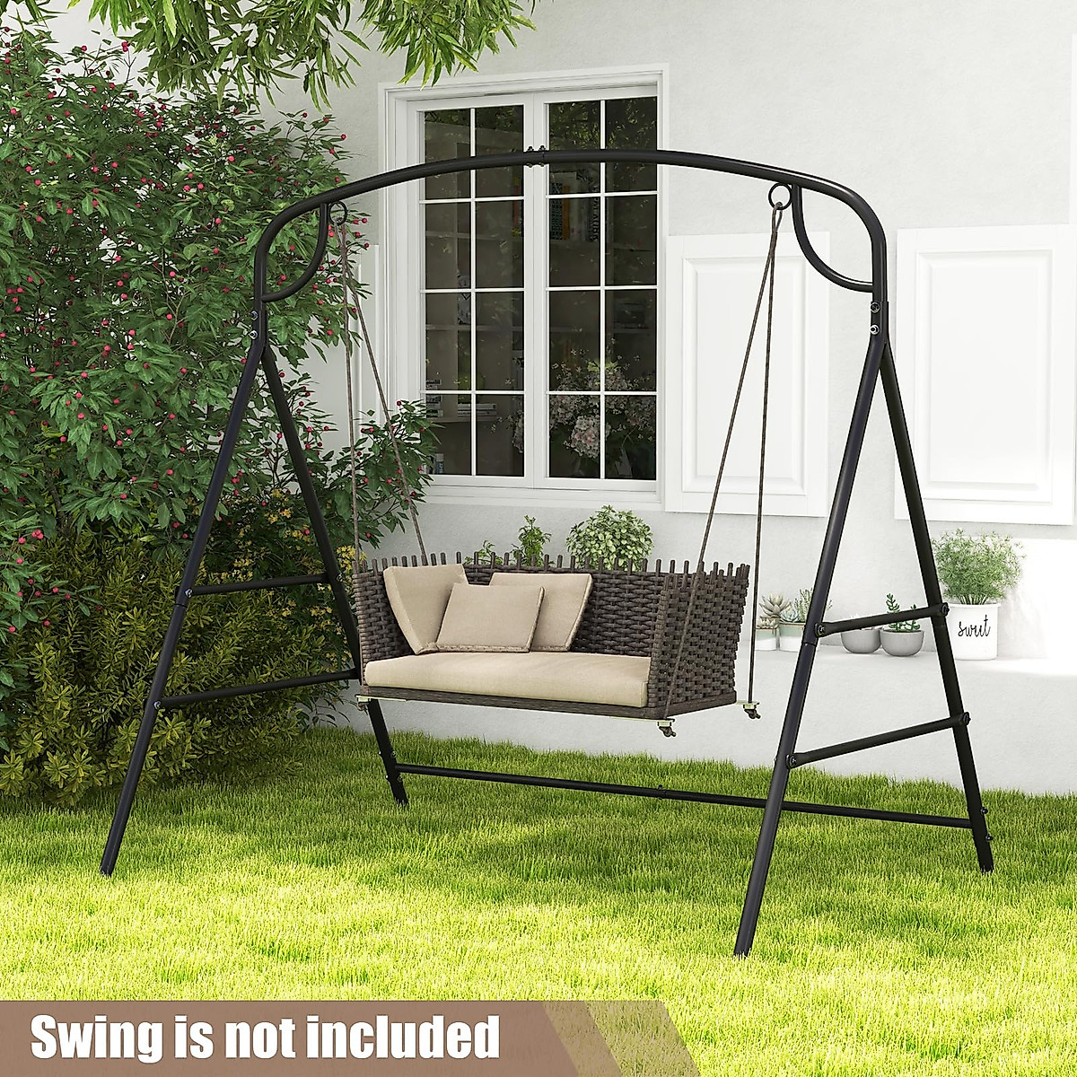 Tangkula Metal Swing Frame, Porch Swing Stand with Extra Side Bars, Heavy Duty Swing Frame Outdoor for Swing, Hammock, A-Frame Swing Stand Frame Outdoor for Lawn, Garden, Backyard