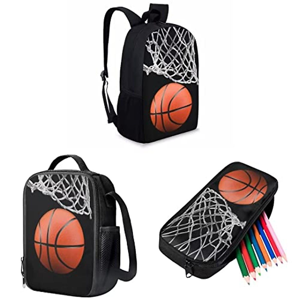 AmzPrint 3 In 1 Basketball Backpack Set For Boys Elementary School 17 Inch Black Student Backpack Lunch Box And Pencil Bag Set