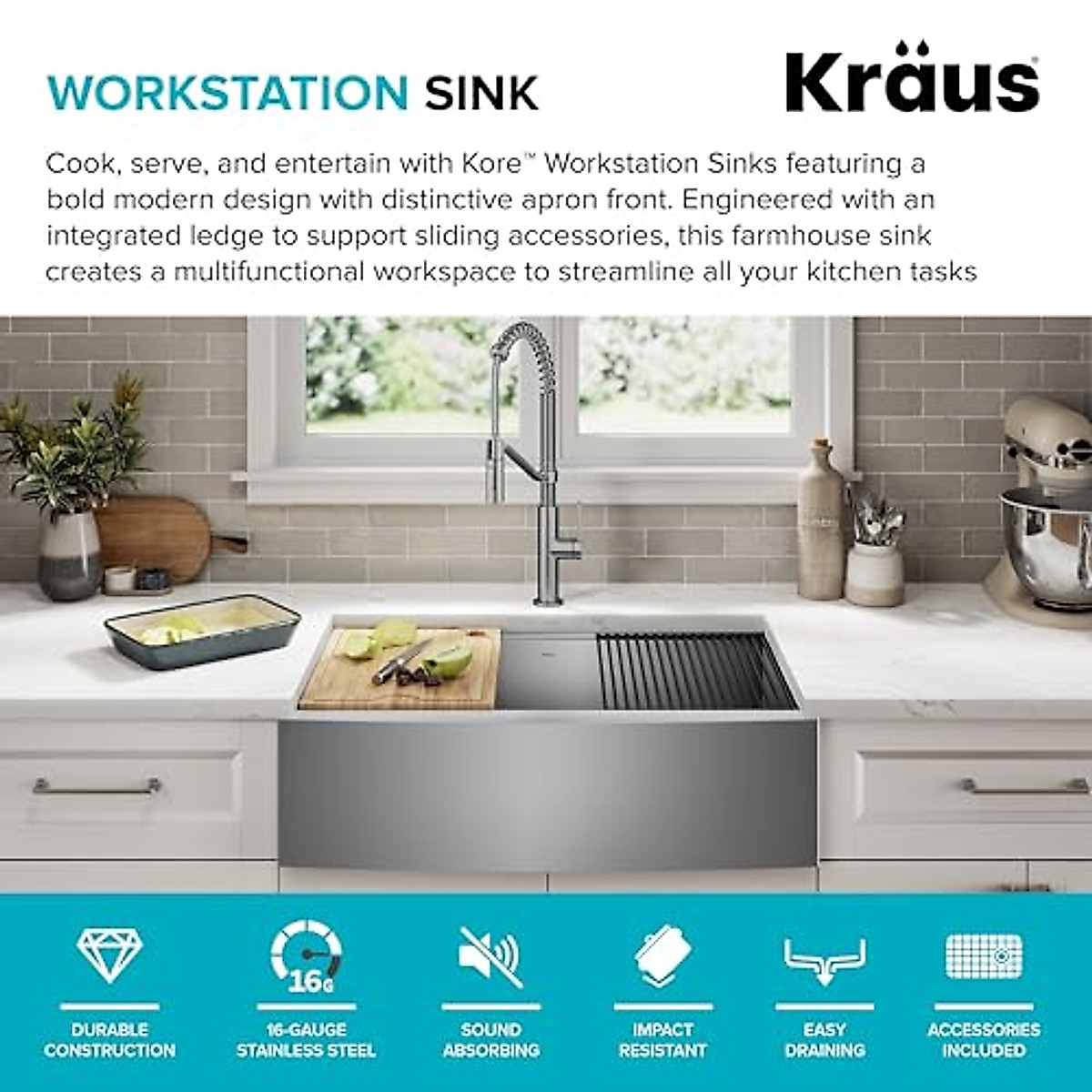 KRAUS Kore Workstation 36-inch Farmhouse Flat Apron Front 16 Gauge Single Bowl Stainless Steel Kitchen Sink with Integrated Ledge and Accessories (Pack of 5), KWF410-36