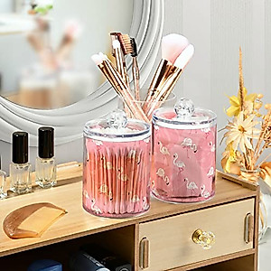 Kigai 4PCS Pink Flamingos Qtip Holder Dispenser with Lids - 14 oz Bathroom Storage Organizer Set, Clear Apothecary Jars Food Storage Containers, for Tea, Coffee, Cotton Ball, Floss
