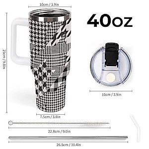 Niapessel Leak Proof Tumbler, Insulated Water Bottles with Straw, Houndstooth Black White Insulated Cup with Handle 40 Oz Stainless Steel Flask for School, Travel, Car, Sports, Work