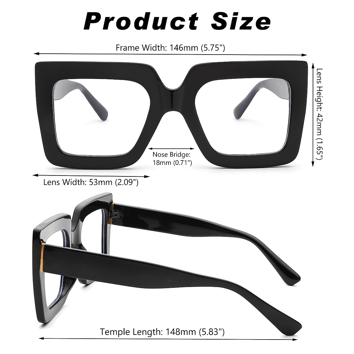 Melpomenia Oversized Blue Light Glasses for Women Fashion Big Frame Glasses Non-Prescription Eyewear(Black)