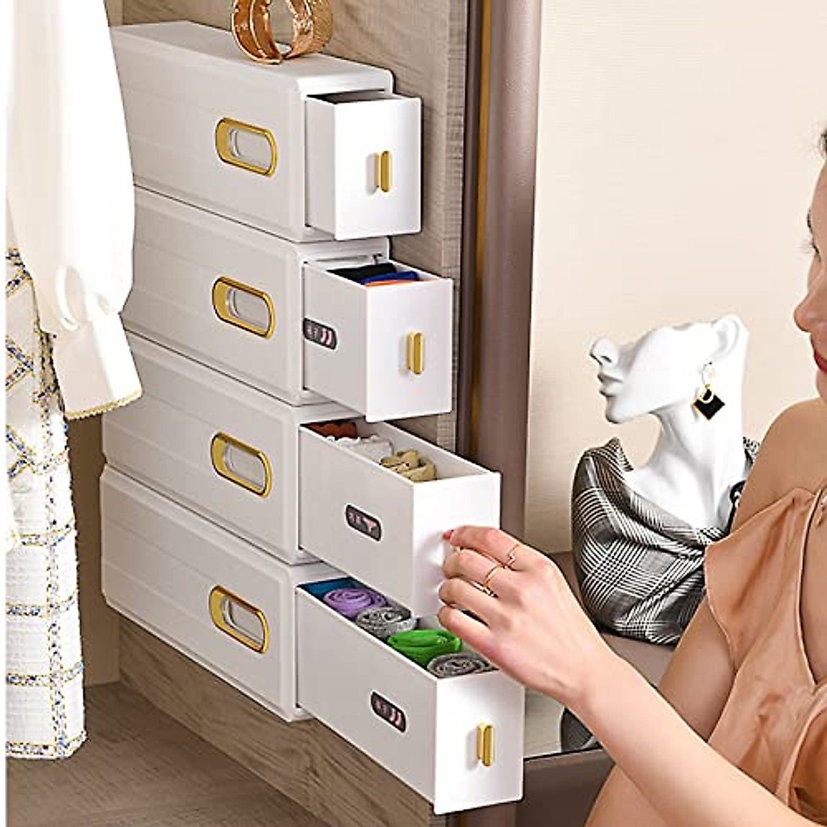 Frantlna 6 Cell Wall Mounted Sock and Underwear Drawer Organizer Wardrobe Storage Box Plastic Punch-free Multifunctional Self Adhesive Boxs (1pack)