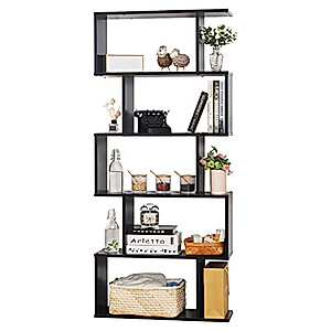 TinyTimes 5-Tier Wooden Bookcase, S-Shape Display Shelf and Room Divider, Freestanding Decorative Storage Shelving, 63'' Tall Bookshelf -Black