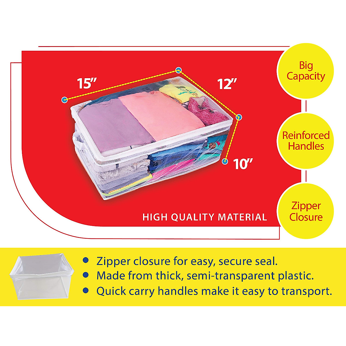 Extra Large Big 10 Gallon Size Clear Plastic Totes, Zippered Storage Bags for Home, Travel, Moving, Clothing, Space Saver Closet Organization, Quilts, Blankets, Toys (Pack of 4) (10 Gallon)