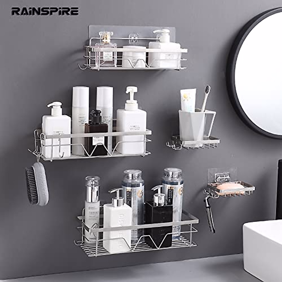 Rainspire Adhesive Shower Caddy, Large Capacity Self Adhesive Shower Shelves for Inside Shower, Shower Rack Shower Shelf for Inside Shower Stainless Steel Bathroom Shower Organizer, Large, Silver