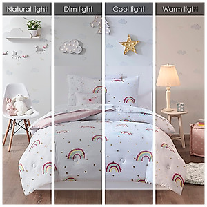 Mi Zone Kids Twin Bed in A Bag for Girls, Unicorn Comforter Set Twin & Sheet, All Season Bedding, Fun & Whimsical Metallic Rainbow Comforter Set Twin, Sham, Throw Pillow, Alicia, Twin, White 6 Piece