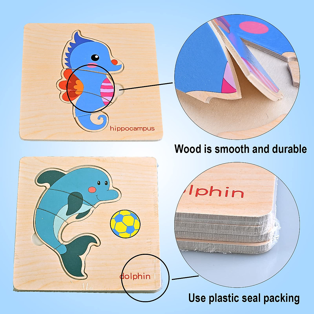 Faburo 8pcs Wooden Puzzles for Toddlers 1-3, Toddler Puzzles Ages 2-4, Montessori Toys for 1-3+ Years Girl Boy, Sea Animal Puzzle for Kids, Jigsaw Puzzles Educational Toys Preschool Puzzles for 1-3