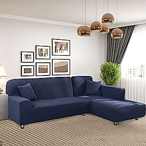 BT.WA Couch Cover L Shape Sectional Sofa Cover 2-Piece Soft Stretch Sofa Slipcover Furniture Protector Couch Slipcover with 2Pcs Pillowcases (Sofa 3 Seater + 3 Seater, Navy)