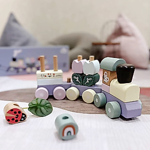 Pillowhale Wooden Stacking Train Toy Set,Wooden Building Blocks Train with Shape Sorter Early Learning Gift for Toddlers Boys Girls 12 Months and up