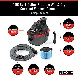 RIDGID 50313 Model 4000RV 4-Gallon Portable Wet and Dry Compact Vacuum Cleaner with 5.0 Peak-HP Motor