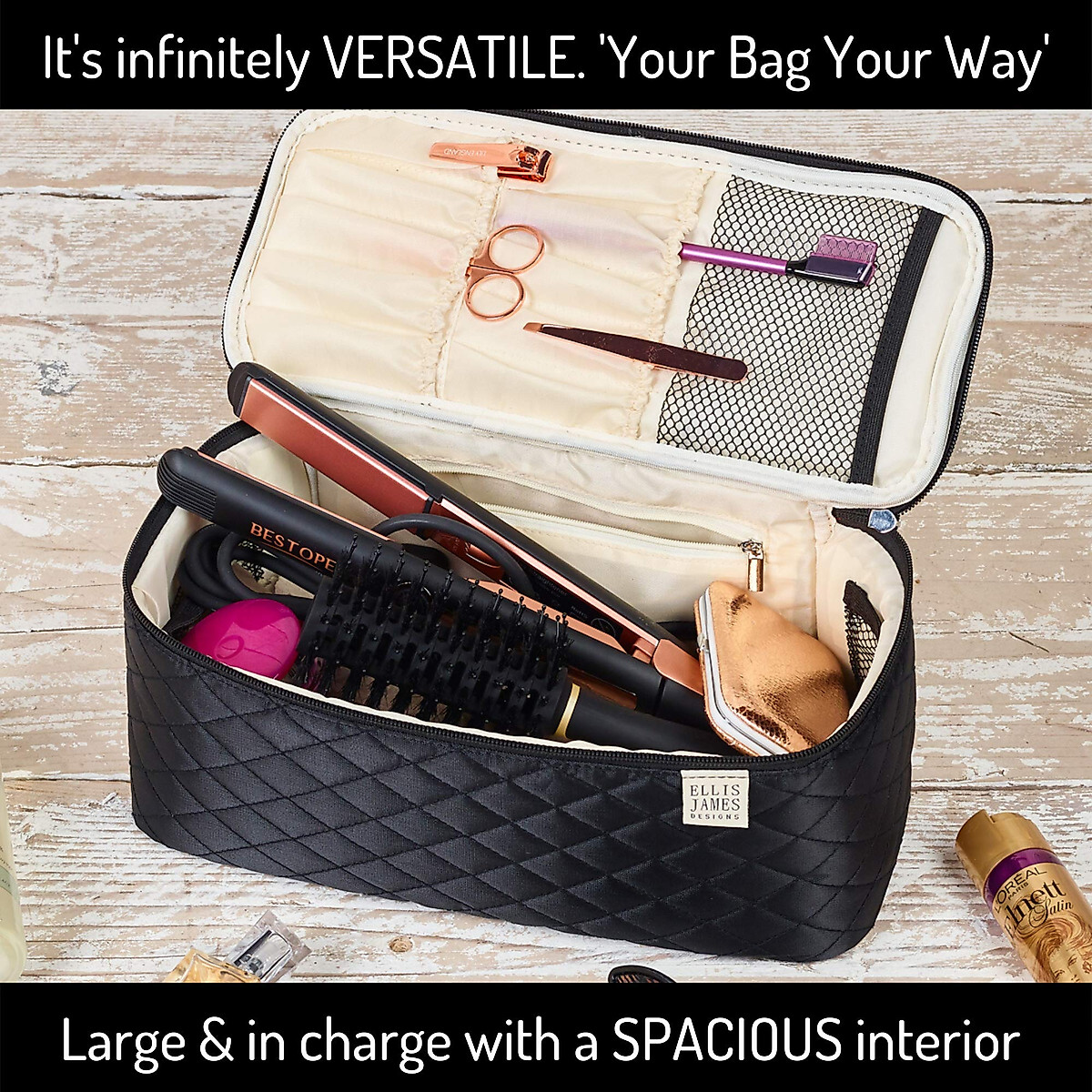 Ellis James Designs Large Travel Makeup Bag Organizer - Cosmetics Train Case Toiletry Bags for Women - Black - With Handle & Make Up Brush Holders - Professional Hair Dryer Cases & Beauty Storage