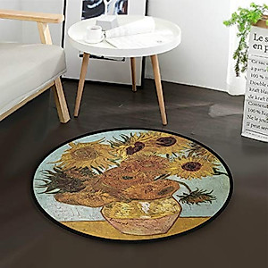 WELLDAY Round Area Rug Van Gogh Sunflower Art Door Mat Washable Non-Slip Throw Floor Carpet