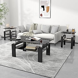 Coffee Table Set, Glass Coffee Table and 2 End Tables, Modern Table Set for Living Room, (Black, coffee table + 2 end tables)