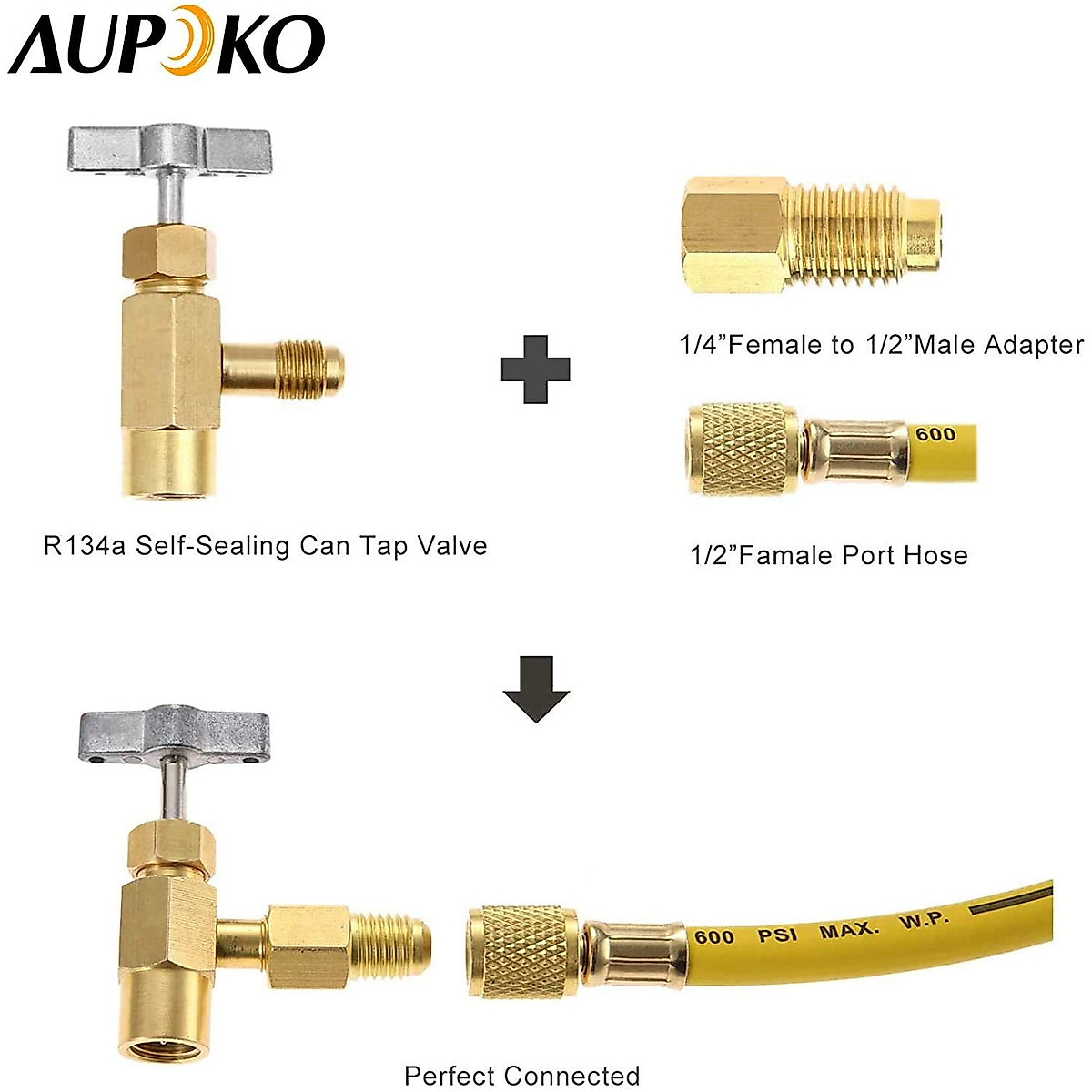 Aupoko R134A Self-Sealing Can Tap with R134A Tank Adapter, 1/2’’ Acme to 1/4’’ SAE Refrigerant Can Bottle Tap Opener with 1/4’’ SAE Female and 1/2’’ Acme Male Adapter