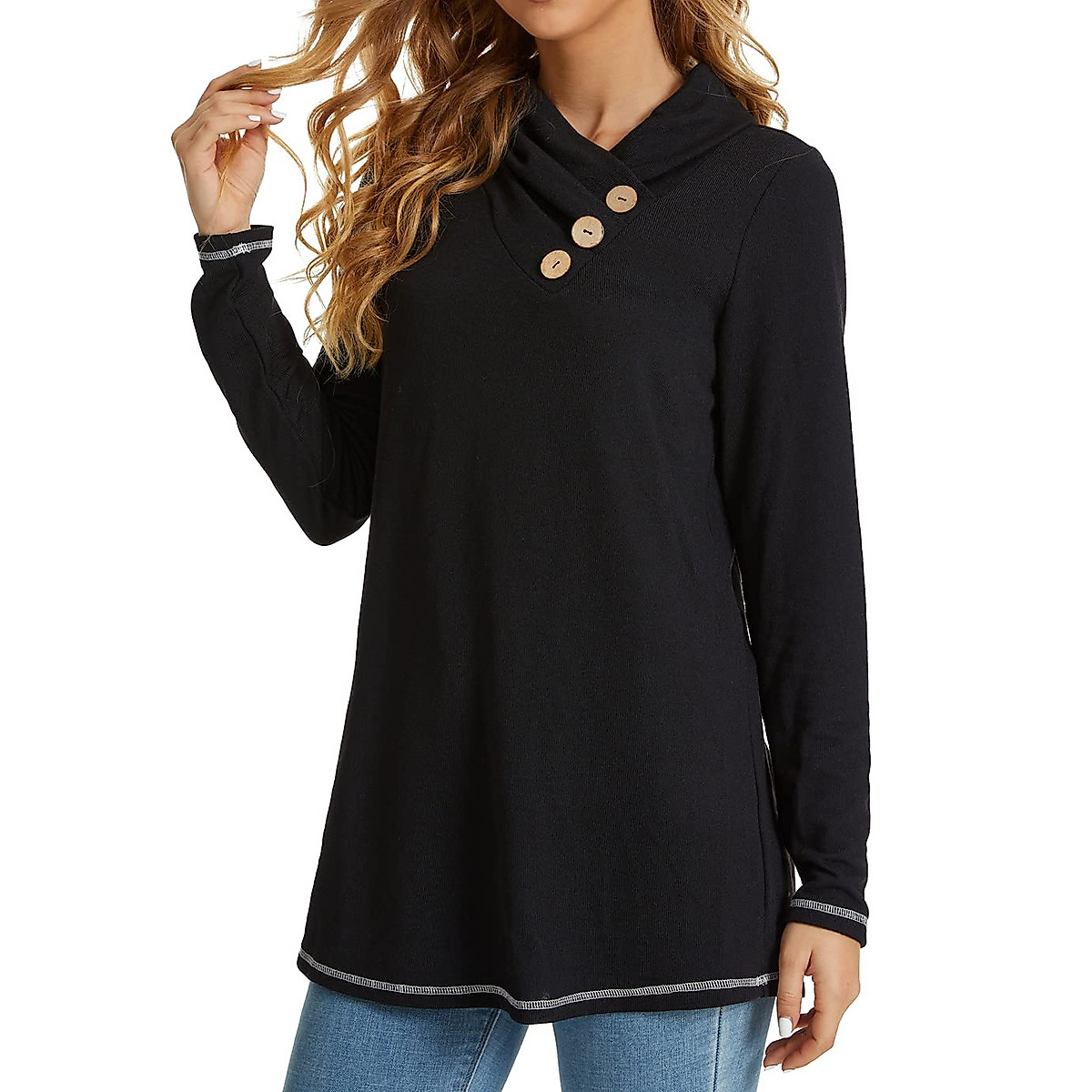 WEIYAN Women's Cowl Neck Tunic Long Sleeve Pullover Shirt Casual Sweatshirt Loose Tops with Buttons(Black,X-Large)