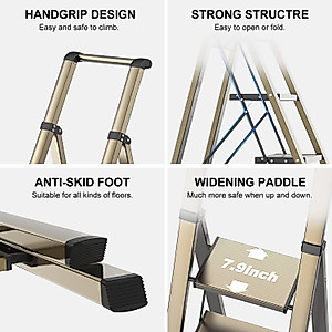 GameGem 4 Step Ladder, Folding Step Stool with Anti-Slip and Wide Pedal, Gold Ladder with Handgrip, Lightweight Aluminum Space Saving Stepladder for Home and Kitchen, 330 lbs Capacity