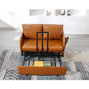 KINFFICT PU Leather Pull Out Sofa Bed, Convertible Small Loveseat Sleeper with Storage Drawer and 2 Pillows, 2 in 1 Futon Couch with Removable Pocket, Modern Love Seat for Living Room, Light Brown