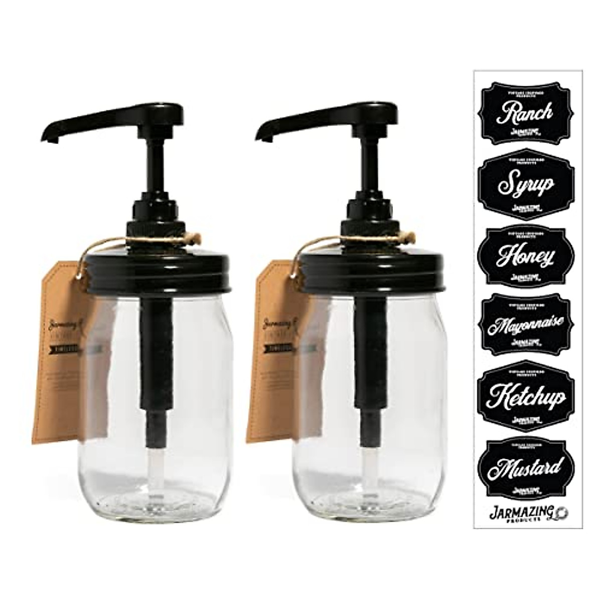 Jarmazing Products Mason Jar Syrup Dispenser - Set of 2 – 16 oz Smooth Jars with Rust-Proof, Leak-Proof, Food Grade Pumps for Honey, Syrups, Condiments, Salad Dressings and More