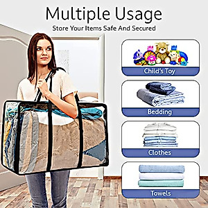 Tidy Zebra Set of 4 Large Storage Bag Organizers with Strong Handles & Zipper, Clear Storage Bins for Clothes, Bedding, Closet, Bedroom & Under Bed Storage, Great for Collage & Home Organization