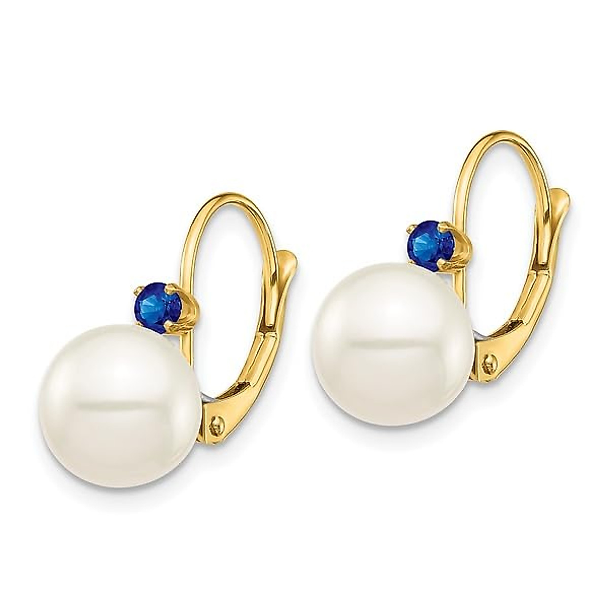 14K Yellow Gold 8mm White Round Freshwater Cultured Pearl Blue Sapphire Drop Dangle Earrings Gemstone September Birthstone Jewelry