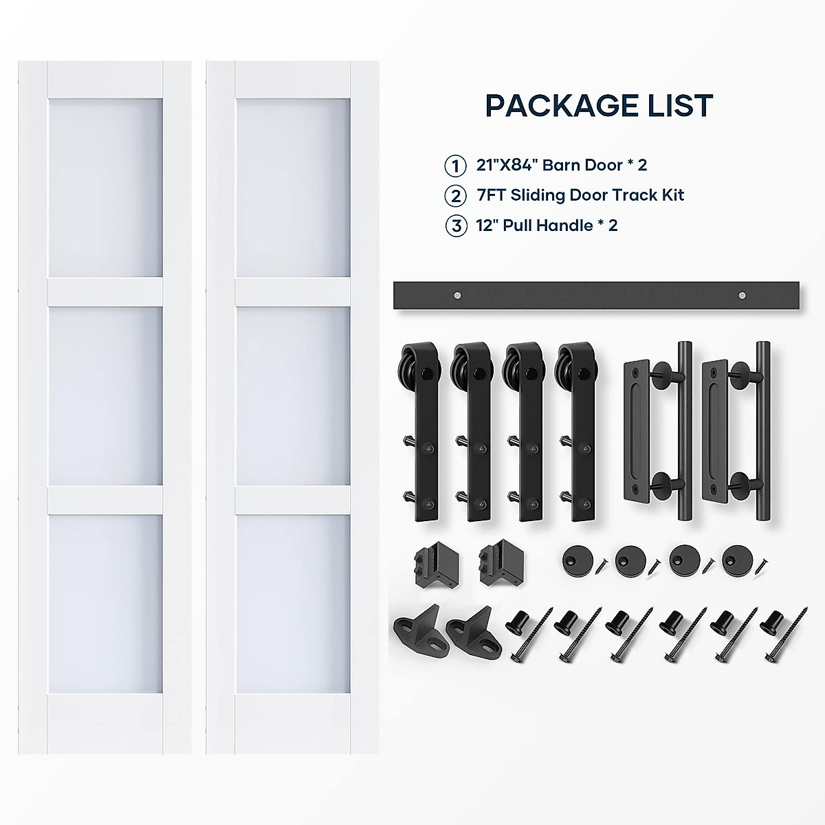 EaseLife 42in x 84in (Double 21in×84in Door) Glass Barn Door with 7FT Sliding Double Door Hardware Kit Included & Handle,Solid MDF Inside Covered with Water-Proof PVC Surface,3-Panel Glass,White