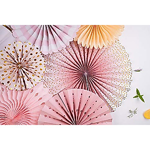 PapaKit Origami Wall Decoration Set (8 Assorted Round Paper Fans) Birthday Party Baby Shower Wedding Events Decor | Creative Art Design Pattern (Sparkling Pink Rose Blush, 8 Piece Set)