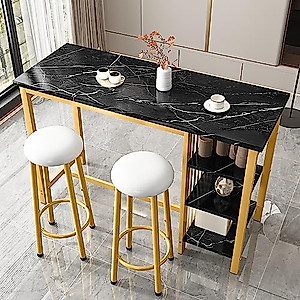AWQM Home Bar Table Set of 2 with Storage Shelves, 47" Black Faux Marble Dining Set with Upholstered Leather Bar Height Stools, 3-Piece Kitchen Table for 2 People, Space Saving Table (Black & Gold)