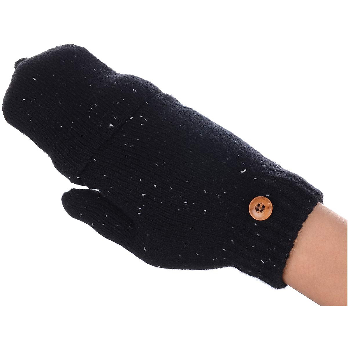 Be Your Own Style BYOS Womens Winter Soft Warm Plush Fleece Lined Convertible Fingerless Marble Speckled Knit Mittens Gloves Glittens W/Thumb Flaps (Black)