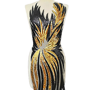 African Sequins Long Appliques Patches Embroidered Nigerian Lace Fabrics French Tulle for Women Evening Clothes Prom Dresses(Black and Gold, 1 Piece(30x130cm))