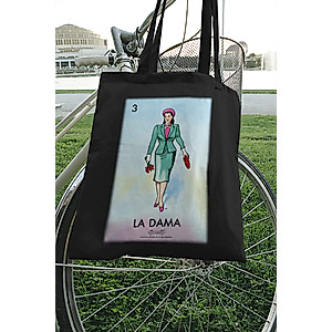 Pop Threads La Dama Woman Lady Loteria Card Mexican Bingo Black 15x15 inches Large Canvas Tote Bag