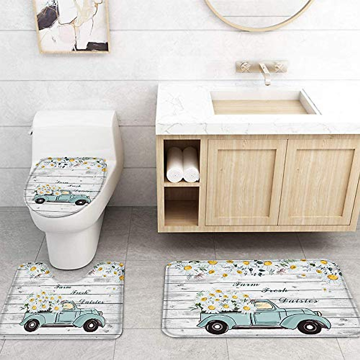 Xback 4 Piece Shower Curtain Sets for Bathroom, Farm Fresh Daisies Blue Truck Fresh Pastoral Style Retro Wood Board Machine Washable Bath Curtain with Non-Slip Rugs, Toilet Lid Cover and Bath Mat