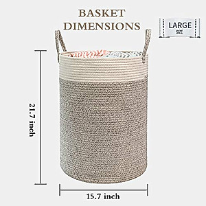 Large Tall Woven Basket 15.7x15.7x21.7in Cotton Rope Laundry Hamper with Handle, Nursery Organizers and Storage for Blanket Towel Clothes Organizing (White&Brown)