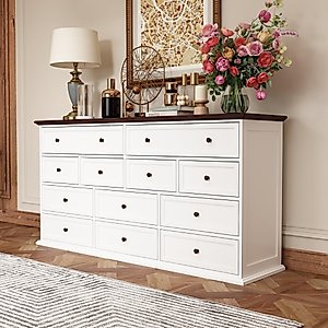 ECACAD Vintage Storage Dresser with 12 Drawers & Brown Top, 61" L Wood Double Dresser Chest of Drawers with Metal Handles for Bedroom, Living Room, White