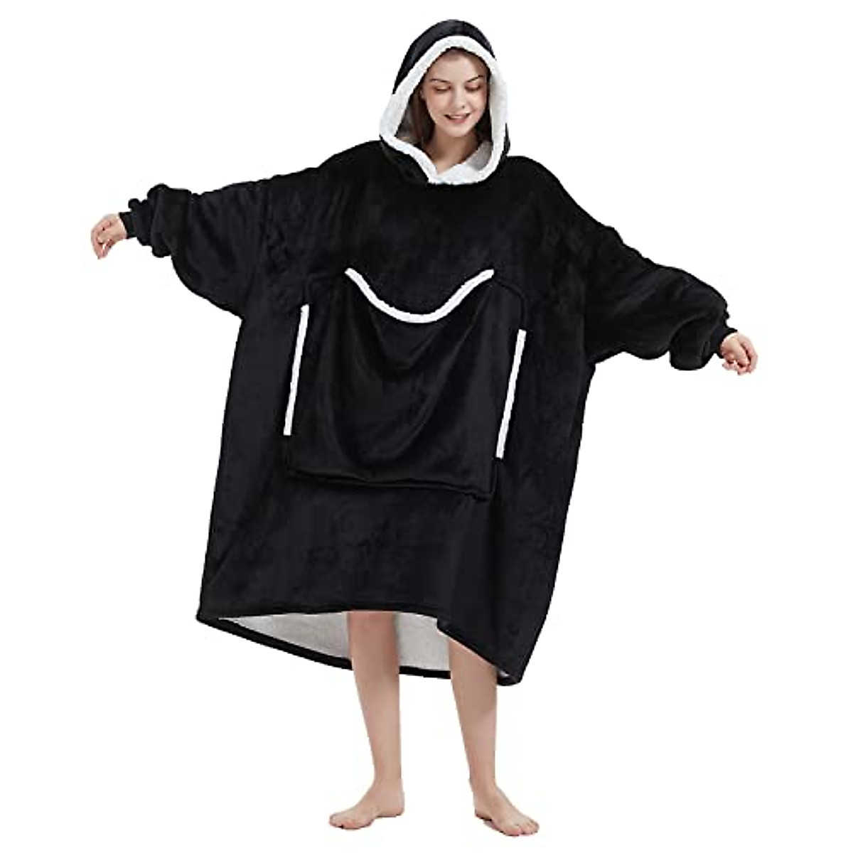 Cozystar Wearable Blanket Hoodie with Giant Pocket （Cat Approved） Extra Soft Sherpa Fleece Thick Warm ＆ Cozy Oversized Sweatshirt Blanket Jacket with Sleeves Gifts for Adult Men Women - Black