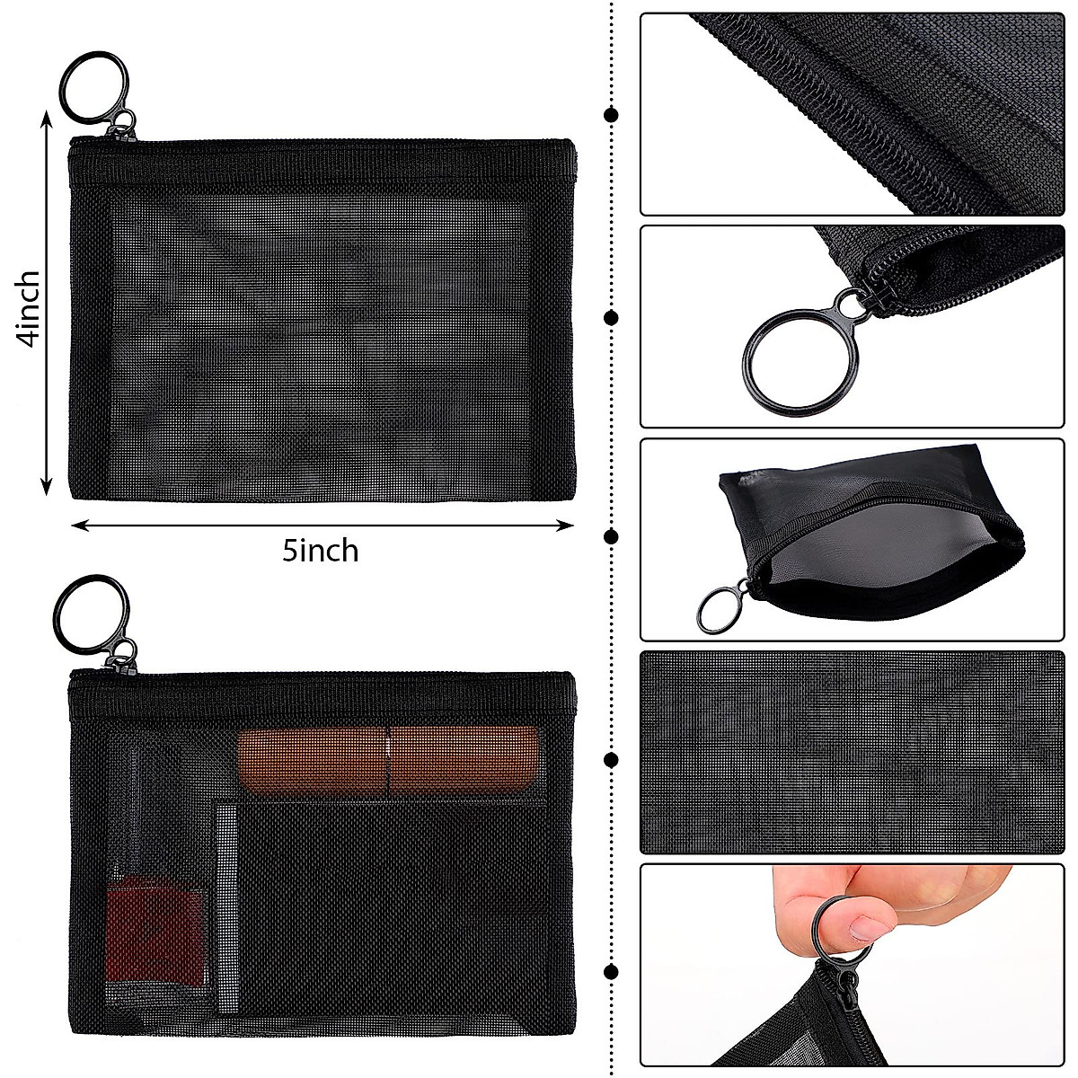 Black Small Zipper Pouch Mesh Mini Cosmetic Bag Coin Purse Bulk Mesh Coin Pouch Organizer for Women Travel Home, 5 x 4 Inch(20 Pcs)