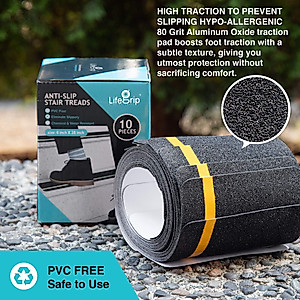 LifeGrip Anti Slip Traction Treads with Reflective Stripe (10-Pack), 6" X 28", Best Grip Tape Grit Non Slip, Outdoor Non Skid Tape, High Traction Friction Abrasive Adhesive for Stairs Step, Black