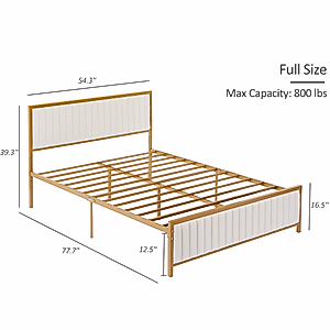 VECELO Full Size Bed Frame with Upholstered Tufted Headboard & Footboard, Heavy Duty Steel Slats Platform, No Box Spring Needed, Gold