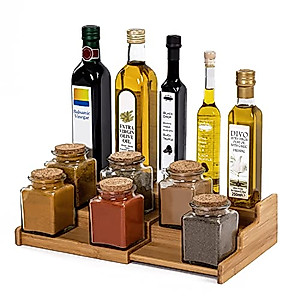 Seville Classics Bamboo Premium Wood 3-Tier Step Shelf Spice & Seasoning Storage Rack Organizer for Kitchen, Cabinet, Countertop, Pantry, Bathroom, Salon, Adjustable Expandable 8.5"-15" W Single