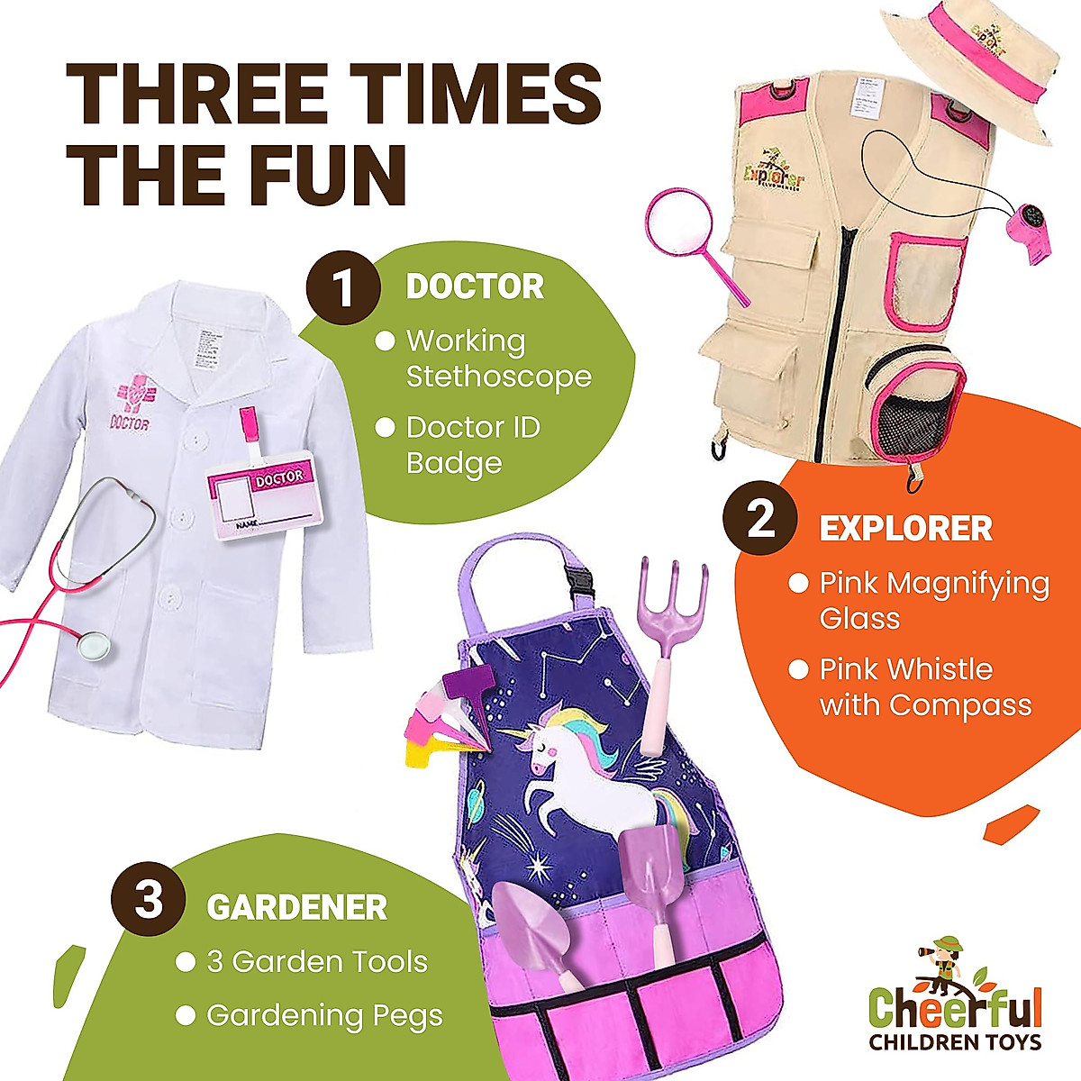 Cheerful Children Toys Girls Dress Up Clothes for Play - 16 Pcs 3 Costume Set - Kids' Dress Up & Pretend Play - Little Girls 3-7 Years - Gardener, Explorer, Doctor Costume Set