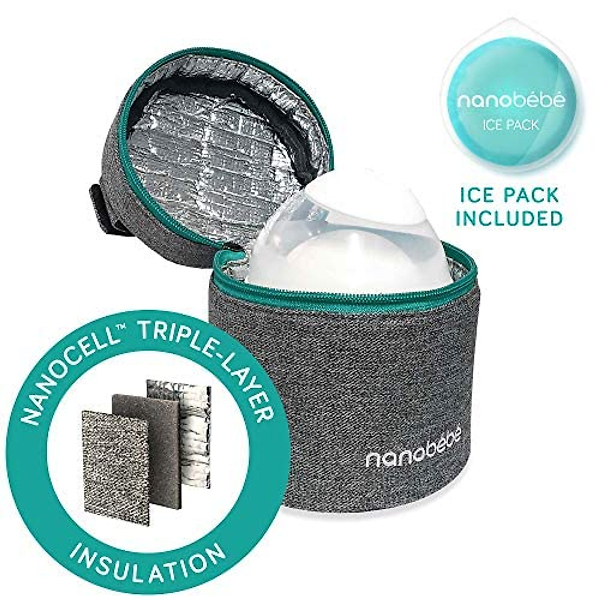 NANOBÉBÉ nanobebe Breastmilk Baby Bottle Cooler & Travel Bag with Ice Pack Included. Compact Triple Insulated, Easily attaches to Stroller or Diaper Bag- Grey