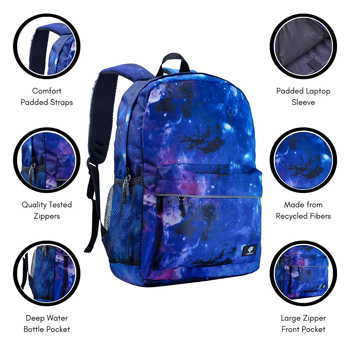 Fenrici Galaxy Backpack for Girls, Boys, Teens, Kids Book Bag With Padded Laptop Compartment, Ideal for School and Travel - Galaxy Purple, Blue