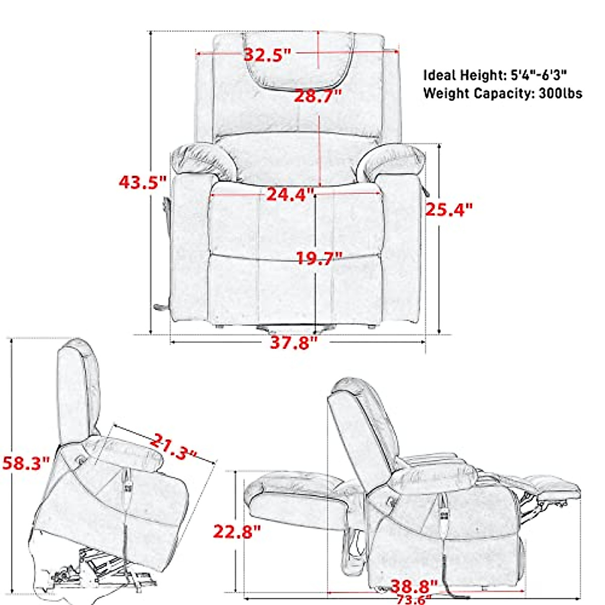 Irene House Large Recliner Lay Flat Chair Dual OKIN Motor Lift Chair Recliners for Elderly Infinite Position with Heat Massage Electric Power Lift Recliner Chair, Model Ollie(Brown, Faux Leather)