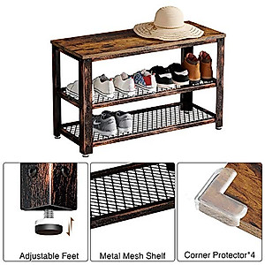 Rolanstar Shoe Bench, 3-Tier Shoe Rack, 28.7” Storage Entry Bench with Mesh Shelves Wood Seat, Rustic Foyer Bench for Hallway Front Door, Doorway, Living Room, Mudroom, Steel Frame, Rustic Brown