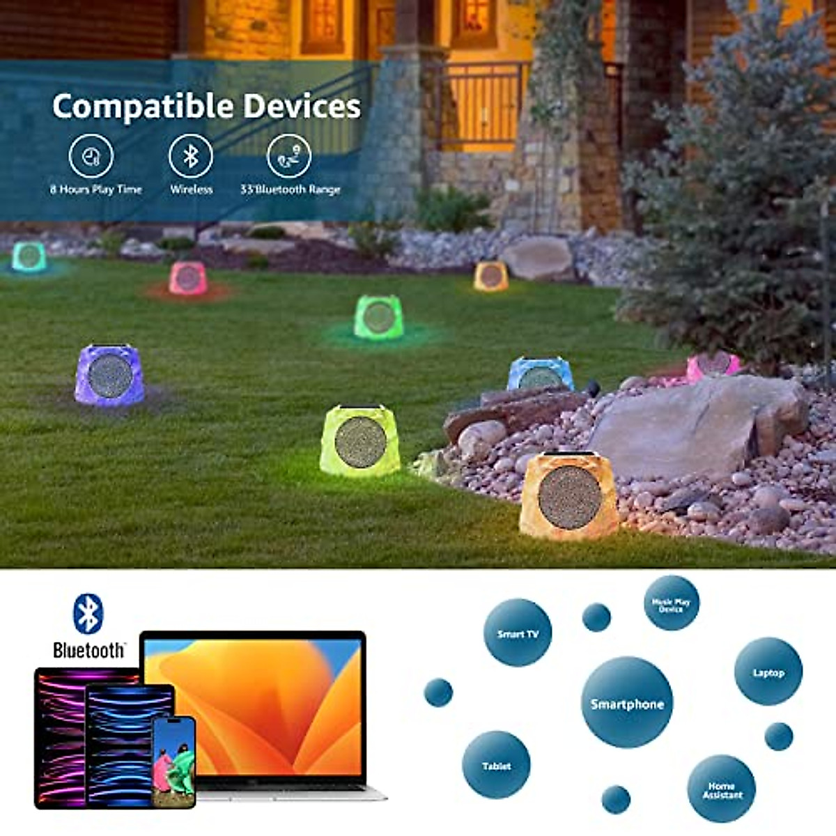 Rock Speakers Outdoor Waterproof Wireless Bluetooth Solar Powered Outdoor Rock Speaker Rechargeable Battery Bluetooth Rock Speakers with 7 Light Colors for Patio Party Pool Garden - 2PC