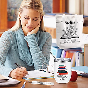 Sieral 4 Sets Book Lovers Gifts Teacher Gifts Includes 12 oz Stainless Steel Wine Tumbler with Lid Library Canvas Tote Bag Novelty Socks Thank You Bookmark Tassel for Nursing Teacher