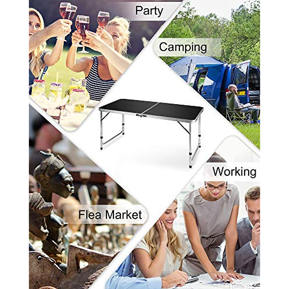 FiveJoy Folding Camping Table, 4 FT Aluminum Height Adjustable Lightweight Desk Portable Handle, Top Weatherproof and Rust Resistant Table for Outdoor Picnic Beach Backyard, 47" x 24",Black