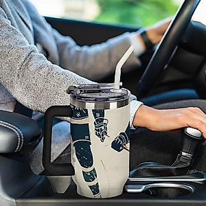 LLUTSNTH 40 Oz Vacuum Tumbler with Black Handle Leakproof Insulated Tumbler Ice Hockey Pattern Stainless Steel Travel Mug with Lid And Straw Coffee Cup Cute Water Bottles Cup Holder Friendly